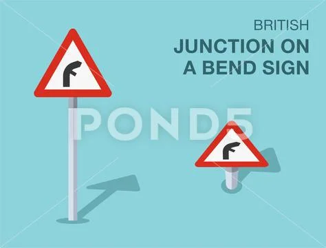 Isolated British "junction on a bend" road sign. Front and top view ...