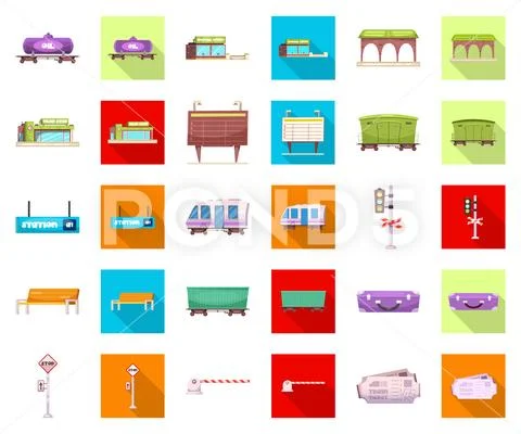 Isolated object of train and station symbol. Set of train and ticket ...