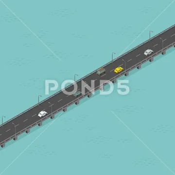 Isometric bridge road. Low traffic. Long elevated highway. Bridge over ...