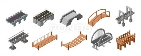 Isometric river roads. Canal bridges. Tower engineering. Modern water ...