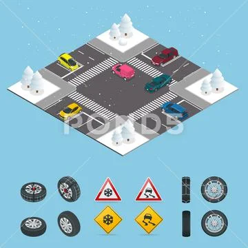 Isometric slippery, ice, winter, snow road and cars. Caution Snow ...