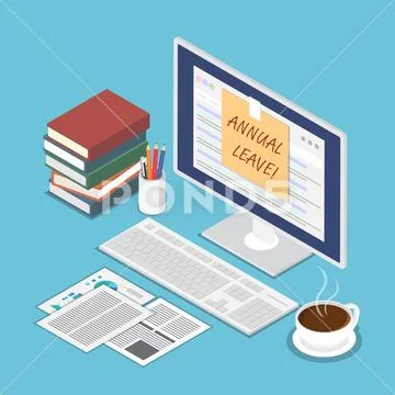 Isometric sticky note with annual leave text on pc monitor: Graphic ...