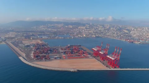 Israel harbor yard with Haifa city in ba... | Stock Video | Pond5