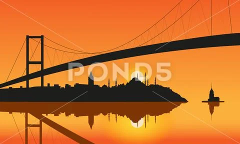 Istanbul silhouette and Bosphorus Bridge at sunset. Vector vector ...