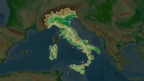 Italy map - zoom. Regions. Physical. | Stock Video | Pond5