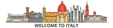 Italy outline skyline, italian flat thin line icons, landmarks ...