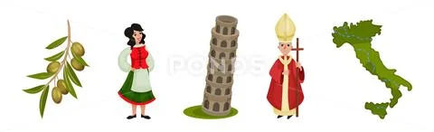 Italy Travel Elements with Pope, Map, Woman in Traditional Dress, Tower ...
