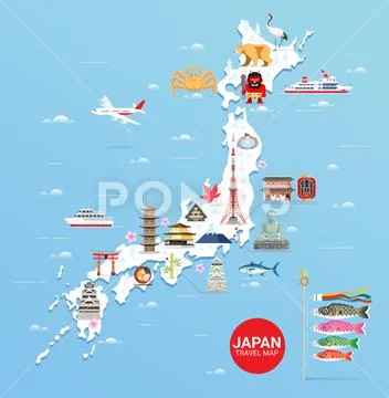 Japan famous landmarks travel map with tokyo tower, fuji mountain ...