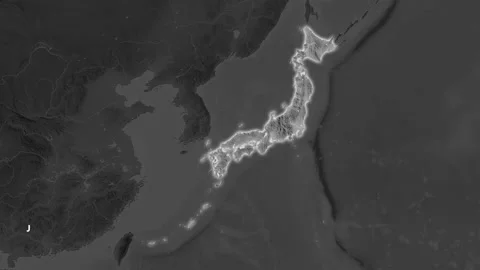 Japan map - solid. Glow. Grayscale. Labe... | Stock Video | Pond5