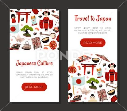 Japan Travel Banner Design with Traditional Symbols Vector Template ...