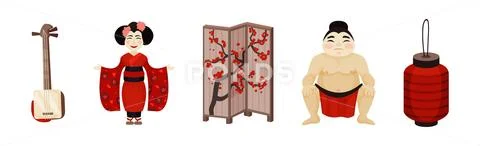 Japan Travel Symbols with Shamisen, Geisha, Folding Screens, Sumo ...