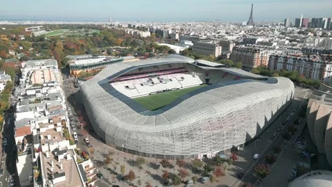 Jean Bouin stadium with tour Eiffel in b... | Stock Video | Pond5