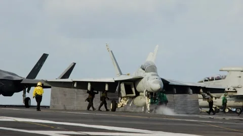 Jet blast deflector being raised for F/A... | Stock Video | Pond5