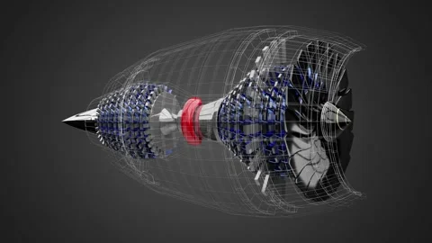 Jet engine inside, partly wireframe mode... | Stock Video | Pond5