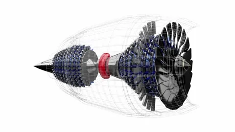Jet engine inside, partly wireframe mode... | Stock Video | Pond5