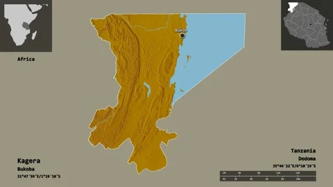 Kagera location. Tanzania. Relief map | Stock Video | Pond5