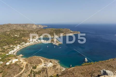 Kapsali bay and village from Chora castle. The Greek island of Kythira ...