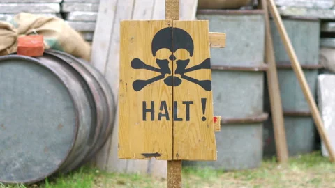 Keep out sign at dangerous area in 4k sl... | Stock Video | Pond5