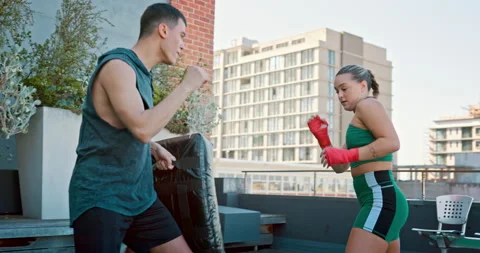 Kickboxing outdoor, boxer and coach with... | Stock Video | Pond5