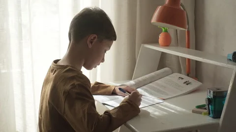 Kid boy studying lesson writing with pen... | Stock Video | Pond5