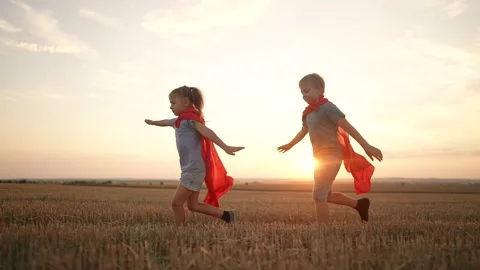 kid group superhero run. kids team happy... | Stock Video | Pond5