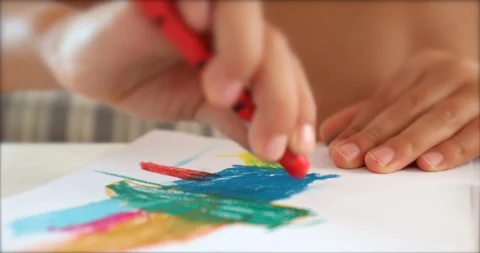 Kid hand drawing with red crayon pen col... | Stock Video | Pond5
