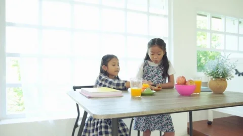 Kid students girls rush eating breakfast... | Stock Video | Pond5