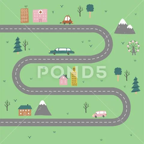 Kids city map of transport and road. Vector illustration. Illustration ...