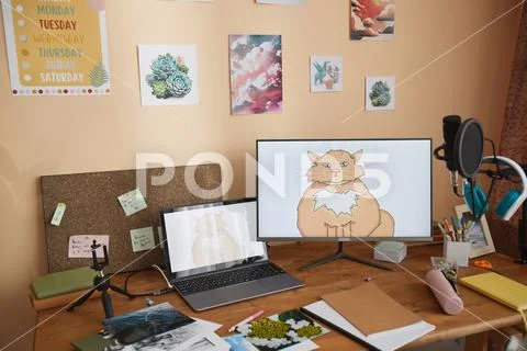 Kids desk with school supplies and digital art on computer screen ~ Hi ...
