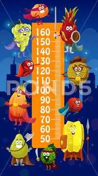 Kids height chart, cartoon fruits superheroes Illustration #158133124