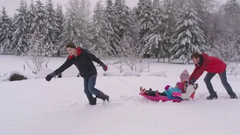 Kids playing and pushing sled in winter ... | Stock Video | Pond5