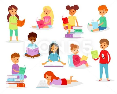 Kids reading books vector child character boy or girl read textbook ...