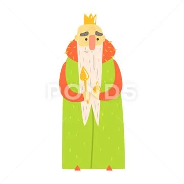 Kind Old King With Orb And Scepter In Green Mantle Fairy-Tale Cartoon ...