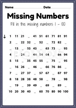 Kindergarten math worksheets, missing numbers 1 to 100 printable sheet ...