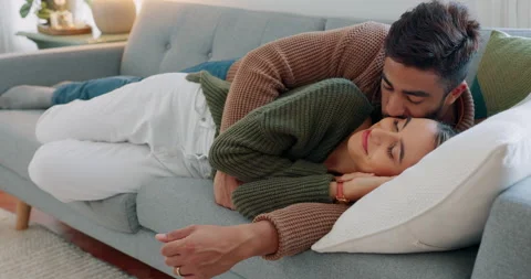 Kiss, smile and couple sleeping on the s... | Stock Video | Pond5