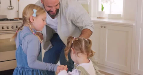 Kitchen, children and dad dance for happ... | Stock Video | Pond5