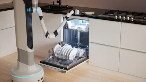 Kitchen robot arm putting dirty dishes i... | Stock Video | Pond5