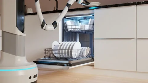Kitchen robot arm putting dirty dishes i... | Stock Video | Pond5