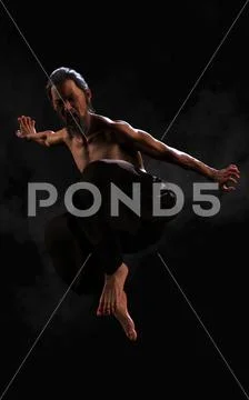 Kung Fu Master, Muscle Man in Dark Background. ~ Clip Art #106852639
