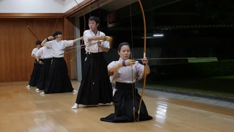 Kyudo practicing bow shooting in Kyoto, ... | Stock Video | Pond5