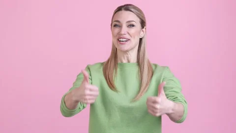 Lady enjoy crazy ads make thumb-up symbo... | Stock Video | Pond5