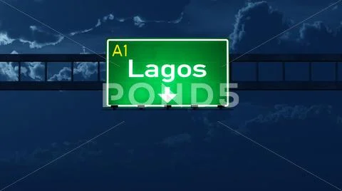 Lagos Nigeria Highway Road Sign at Night: Graphic #49291401