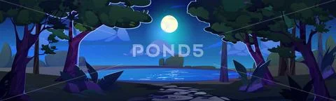 Lake in forest and night sky cartoon background: Graphic #246348225