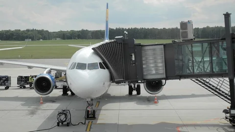 Landing on the plane. People pass throug... | Stock Video | Pond5