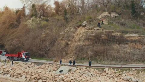 Landslides and rockfalls on the road in ... | Stock Video | Pond5