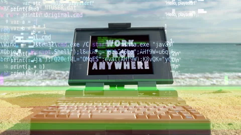 laptop computer by the sea with words wo... | Stock Video | Pond5