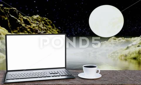 Laptop Notebook or personal computer Blank white screen on a long wooden tabl ~ Clip Art #163113879