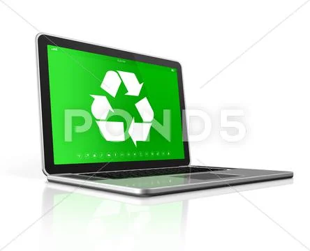 Laptop with a recycle symbol on screen. environmental conservation ...