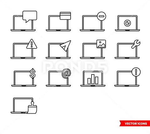 Laptop status icon set of outline types. Isolated vector sign symbols ...