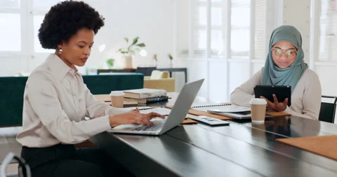 Laptop, tablet and business women in col... | Stock Video | Pond5